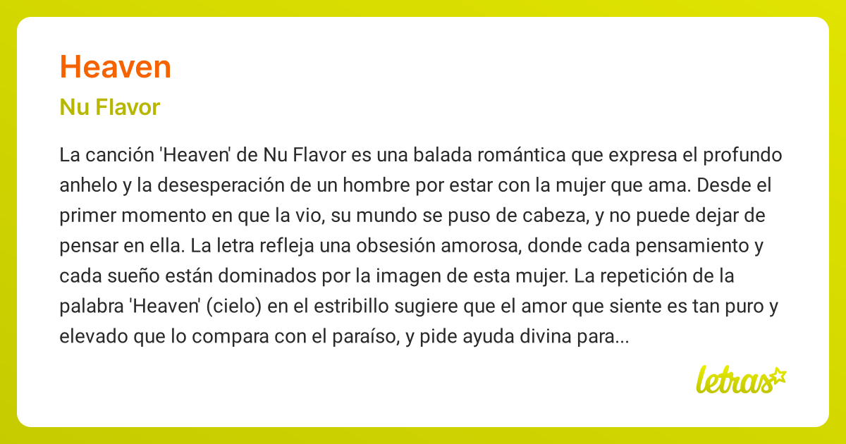 Significado de la canción HEAVEN (Nu Flavor) - LETRAS.COM