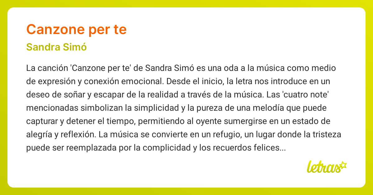 Significado de la canción CANZONE PER TE (Sandra Simó) - LETRAS.COM