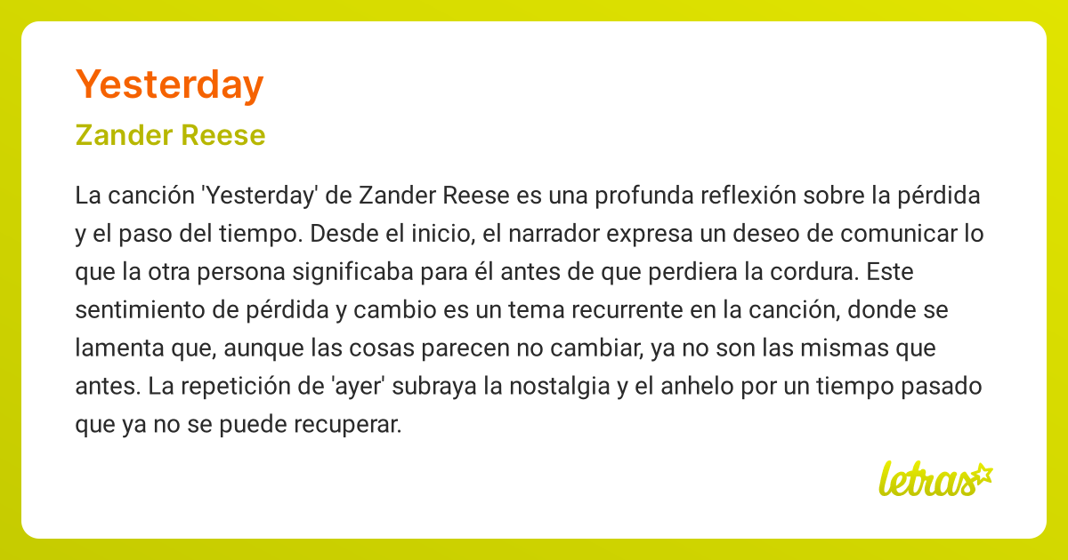 Significado de la canción YESTERDAY (Zander Reese) - LETRAS.COM