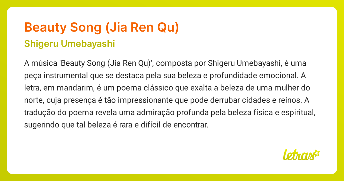 Significado da música BEAUTY SONG (JIA REN QU) (Shigeru Umebayashi ...