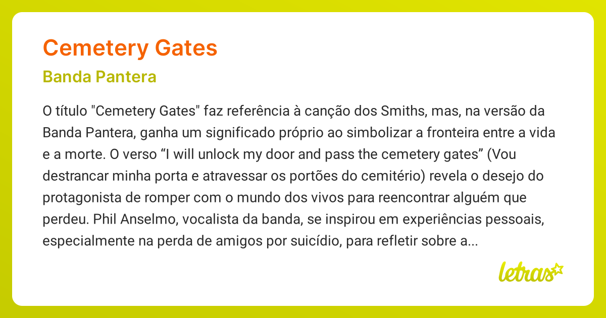 Significado da música CEMETERY GATES (Banda Pantera) - LETRAS.MUS.BR