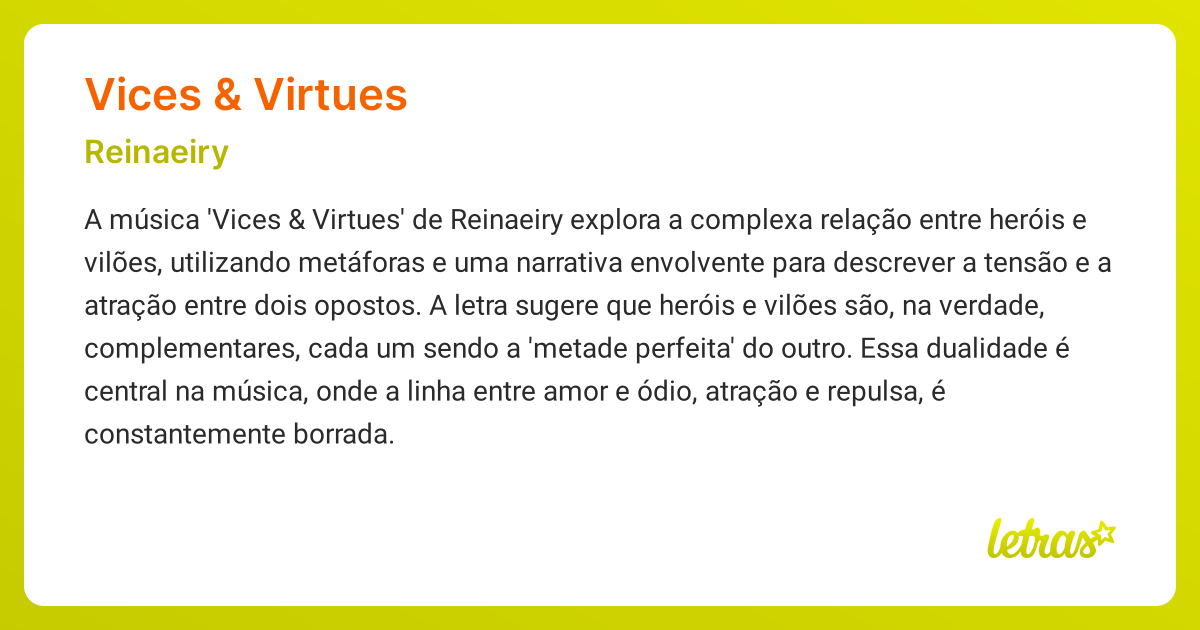 Significado da música VICES & VIRTUES (Reinaeiry) - LETRAS.MUS.BR