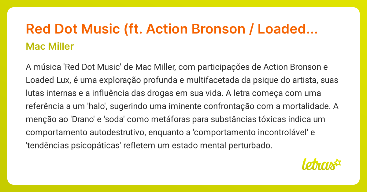 Significado da música Red Dot Music (ft. Action Bronson / Loaded Lux ...