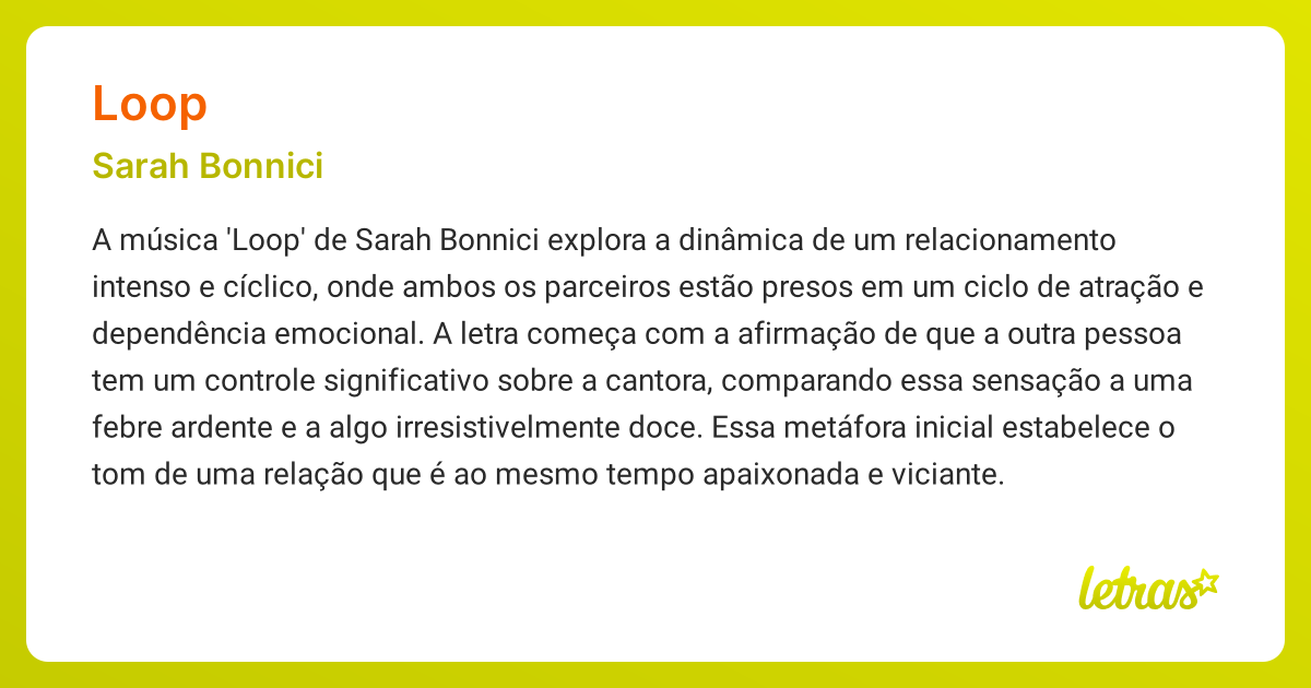 Significado da música LOOP (Sarah Bonnici) - LETRAS.MUS.BR