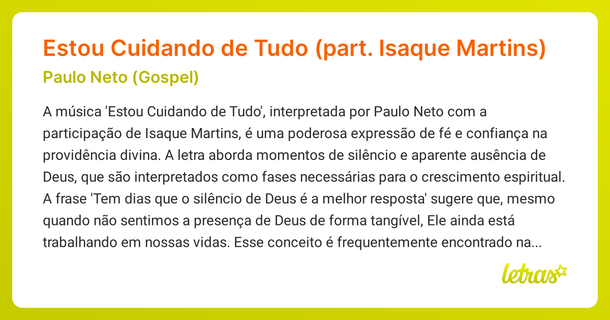 Significado da música Estou Cuidando de Tudo (part. Isaque Martins) (Paulo Neto (Gospel ...