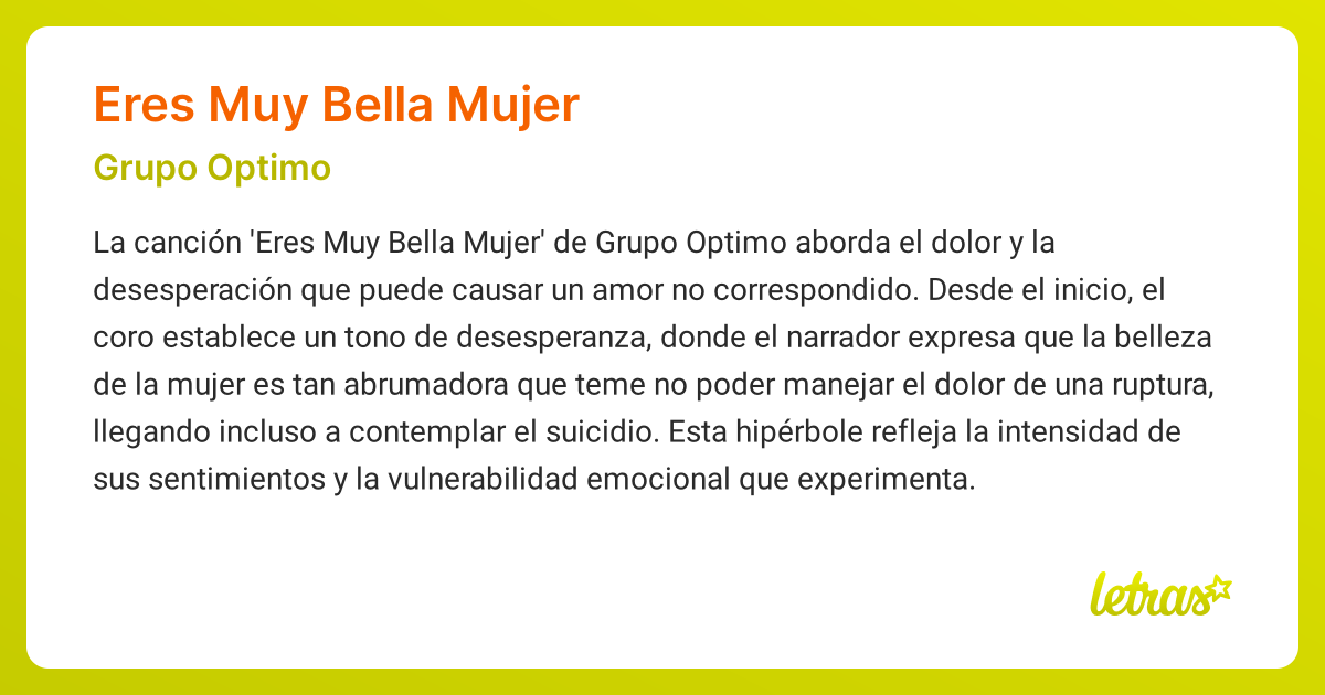 Significado de la canción ERES MUY BELLA MUJER (Grupo Optimo) - LETRAS.COM