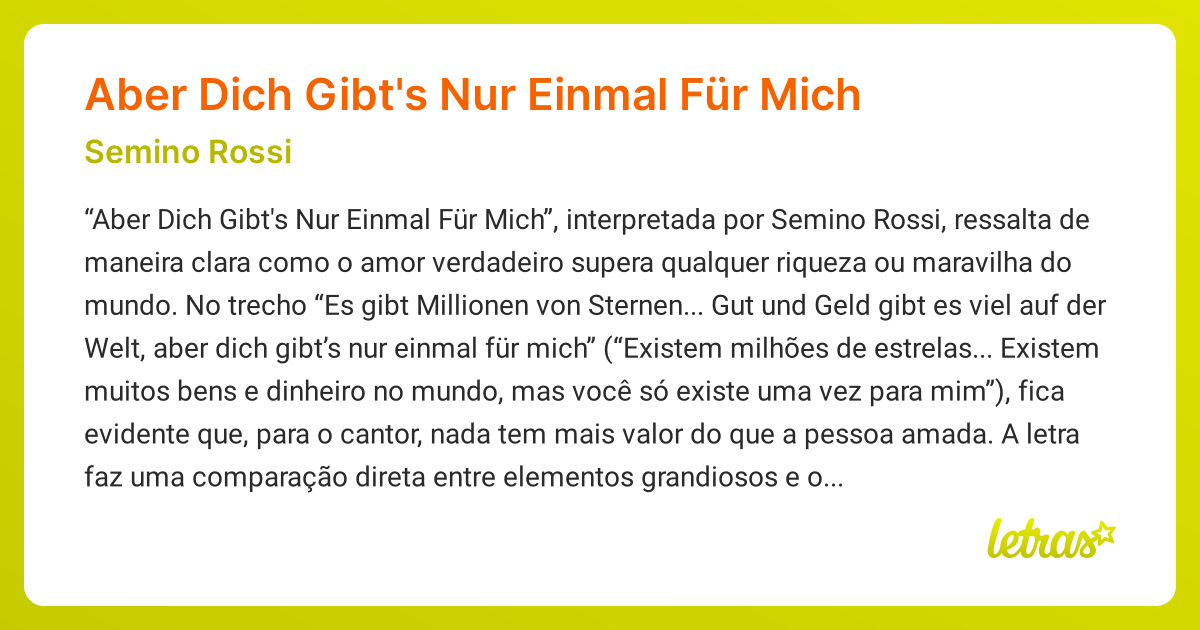 Significado da música Aber Dich Gibt's Nur Einmal Für Mich (Semino ...