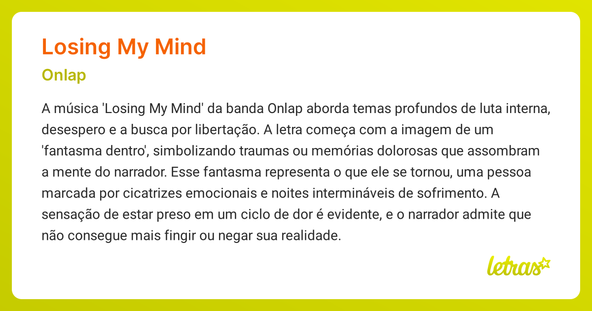Significado da música LOSING MY MIND (Onlap) - LETRAS.MUS.BR
