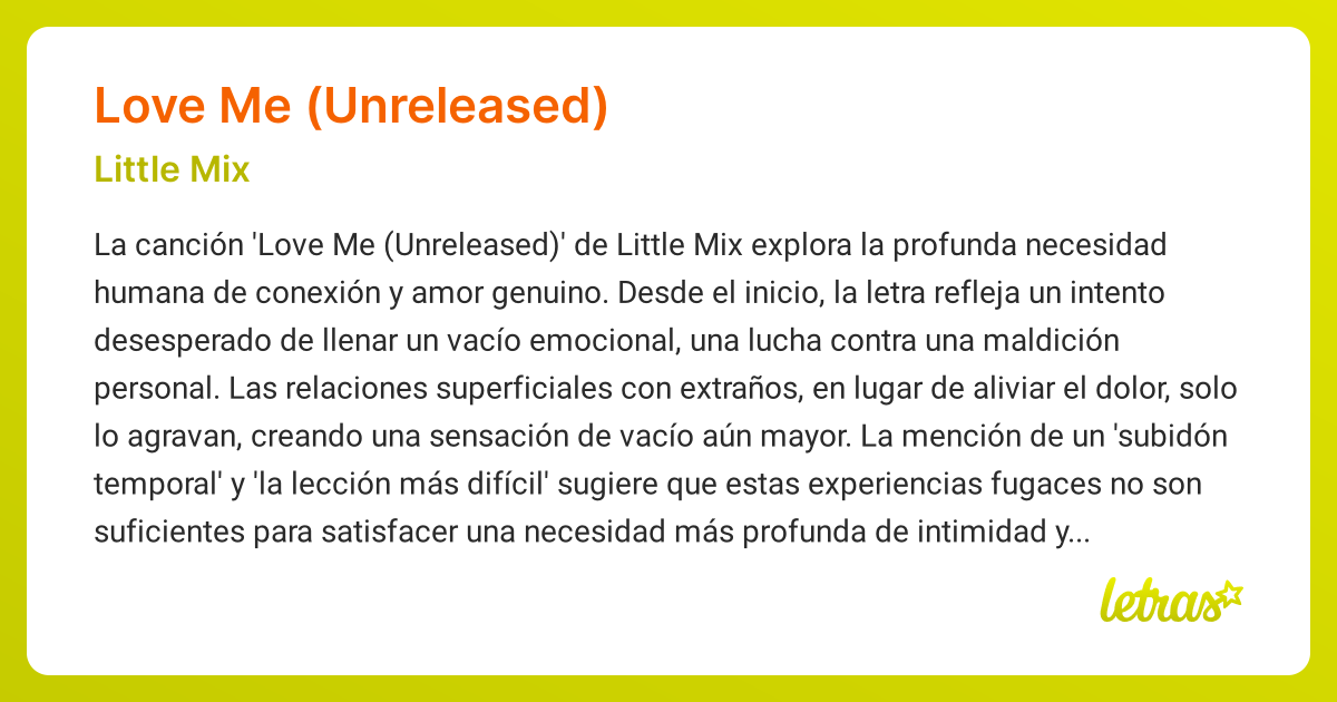 Significado de la canción LOVE ME (UNRELEASED) (Little Mix) - LETRAS.COM