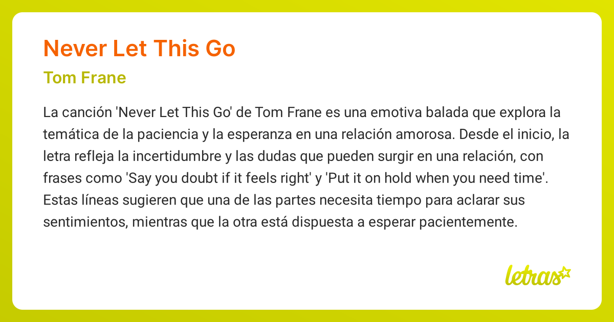Significado de la canción NEVER LET THIS GO (Tom Frane) - LETRAS.COM