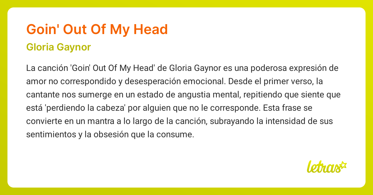 Significado de la canción GOIN' OUT OF MY HEAD (Gloria Gaynor) - LETRAS.COM