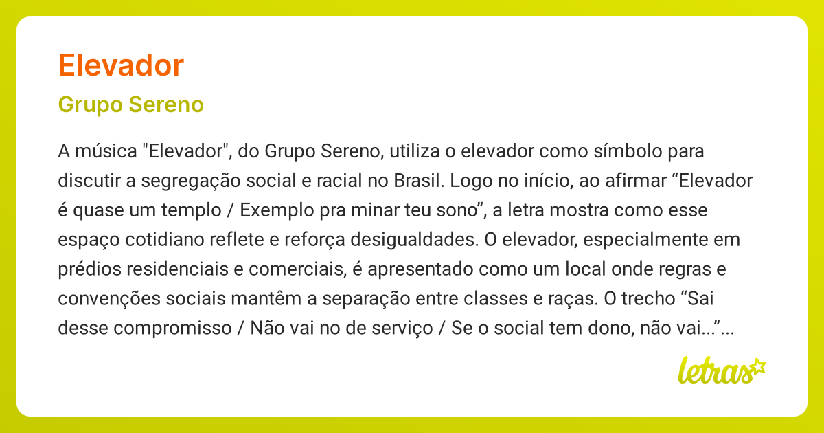 Significado da música ELEVADOR (Grupo Sereno) - LETRAS.MUS.BR