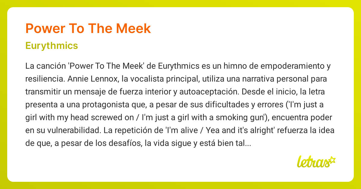 Significado de la canción POWER TO THE MEEK (Eurythmics) - LETRAS.COM