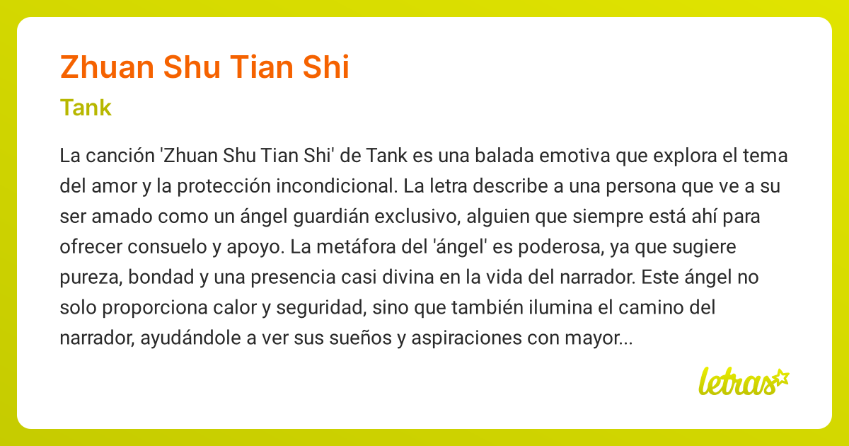 Significado de la canción ZHUAN SHU TIAN SHI (Tank) - LETRAS.COM