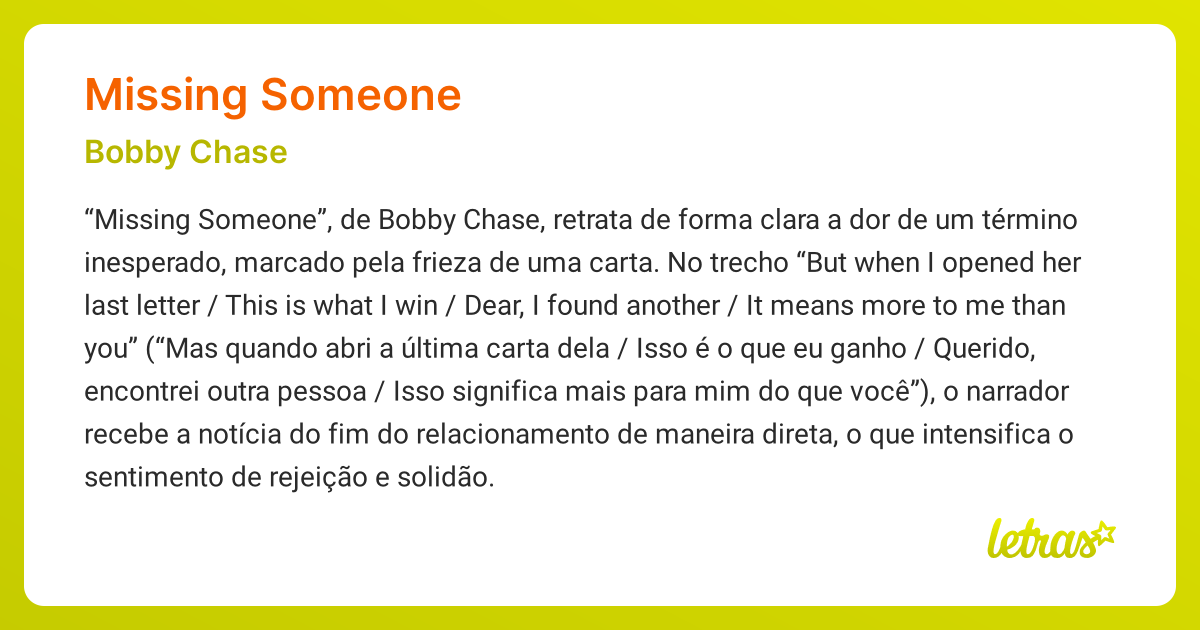Significado da música MISSING SOMEONE (Bobby Chase) - LETRAS.MUS.BR