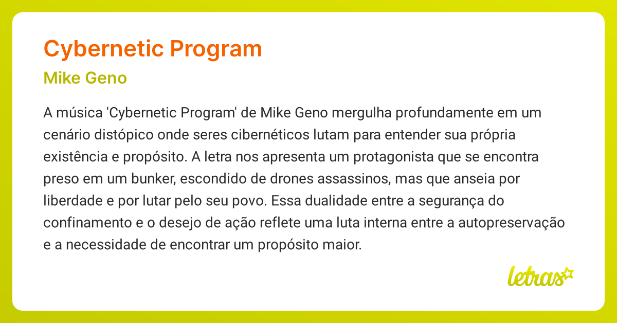 Significado da música CYBERNETIC PROGRAM (Mike Geno) - LETRAS.MUS.BR