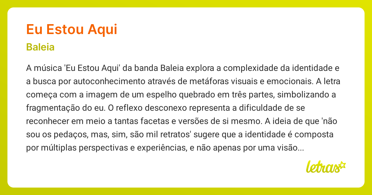 Significado da música EU ESTOU AQUI (Baleia) - LETRAS.MUS.BR