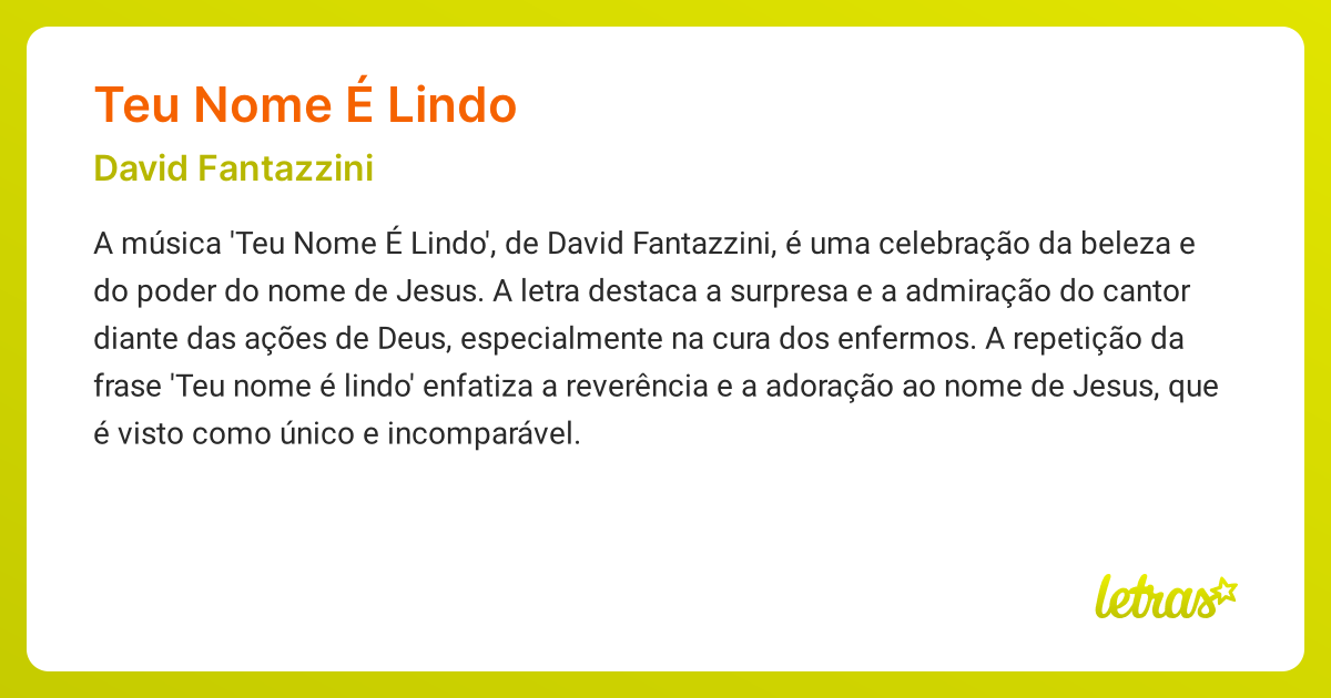 Significado da música TEU NOME É LINDO (David Fantazzini) - LETRAS.MUS.BR