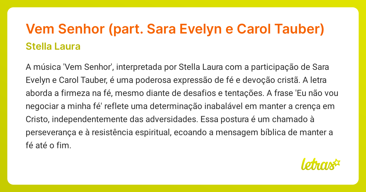 Significado da música Vem Senhor (part. Sara Evelyn e Carol Tauber ...