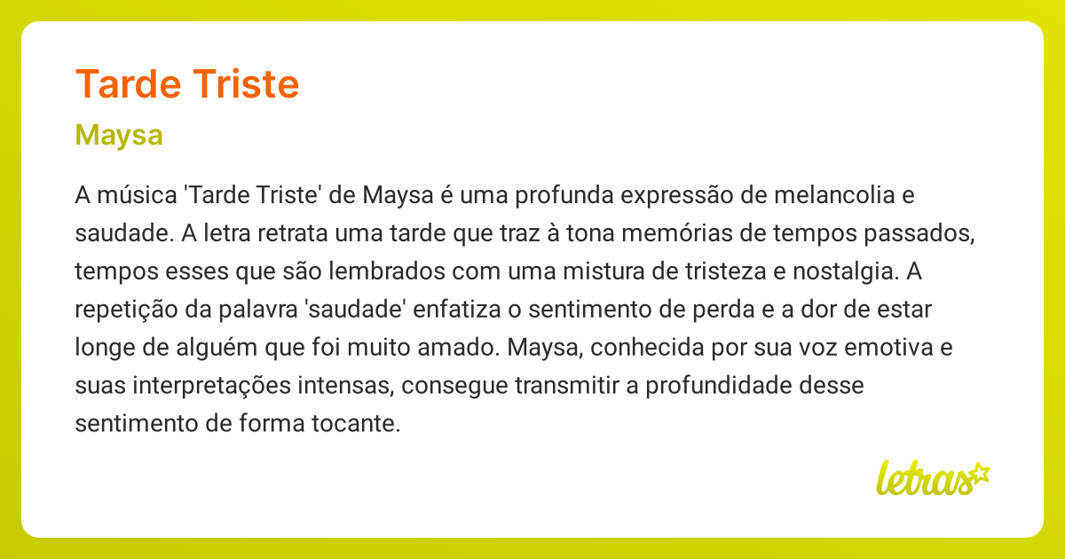 Significado da música TARDE TRISTE (Maysa) - LETRAS.MUS.BR