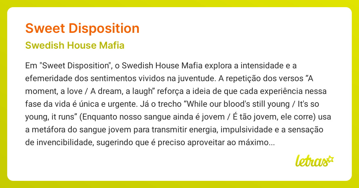 Significado da música SWEET DISPOSITION (Swedish House Mafia) - LETRAS ...