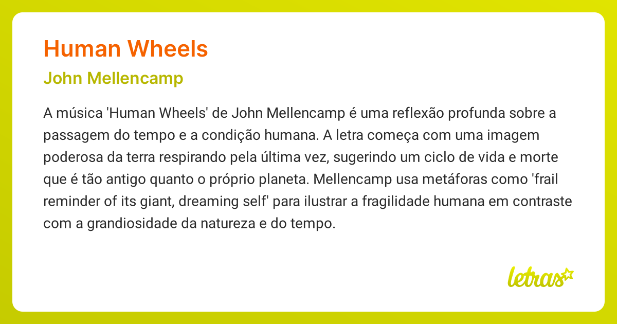 Significado da música HUMAN WHEELS (John Mellencamp) - LETRAS.MUS.BR