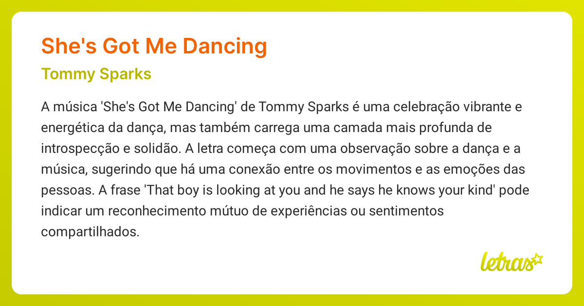 Significado da música SHE'S GOT ME DANCING (Tommy Sparks) - LETRAS.MUS.BR