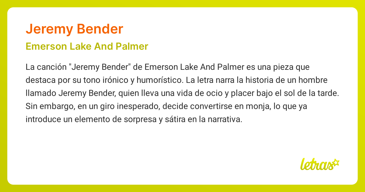 Significado de la canción JEREMY BENDER (Emerson Lake And Palmer ...