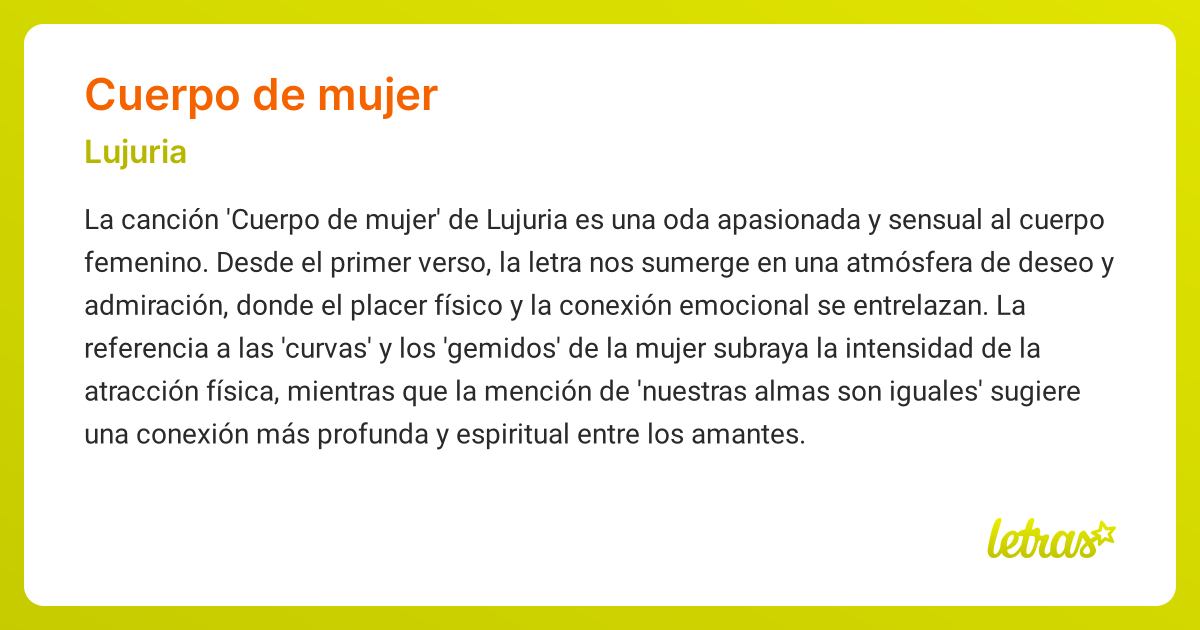 Significado de la canción CUERPO DE MUJER (Lujuria) - LETRAS.COM