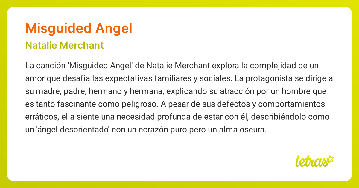 Significado de la canción MISGUIDED ANGEL (Natalie Merchant) - LETRAS.COM
