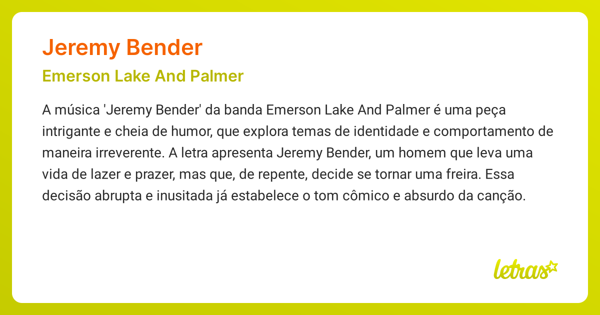 Significado da música JEREMY BENDER (Emerson Lake And Palmer) - LETRAS ...