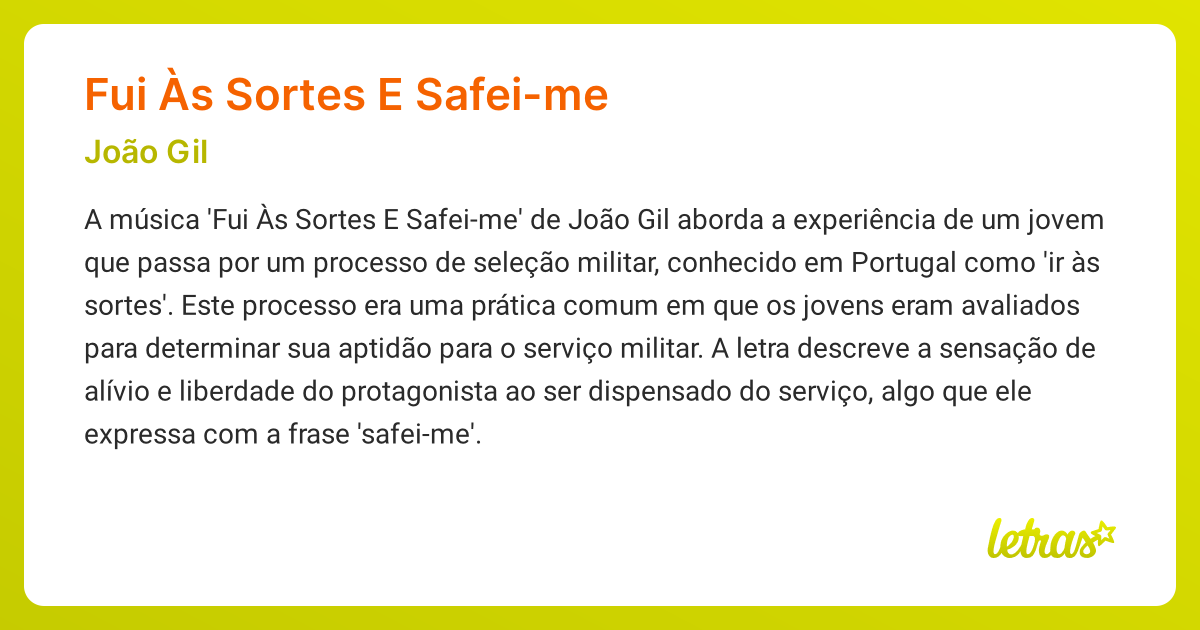 Significado da música FUI ÀS SORTES E SAFEI-ME (João Gil) - LETRAS.MUS.BR