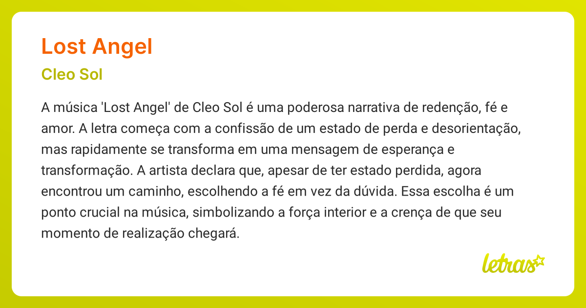 Significado da música LOST ANGEL (Cleo Sol ) - LETRAS.MUS.BR