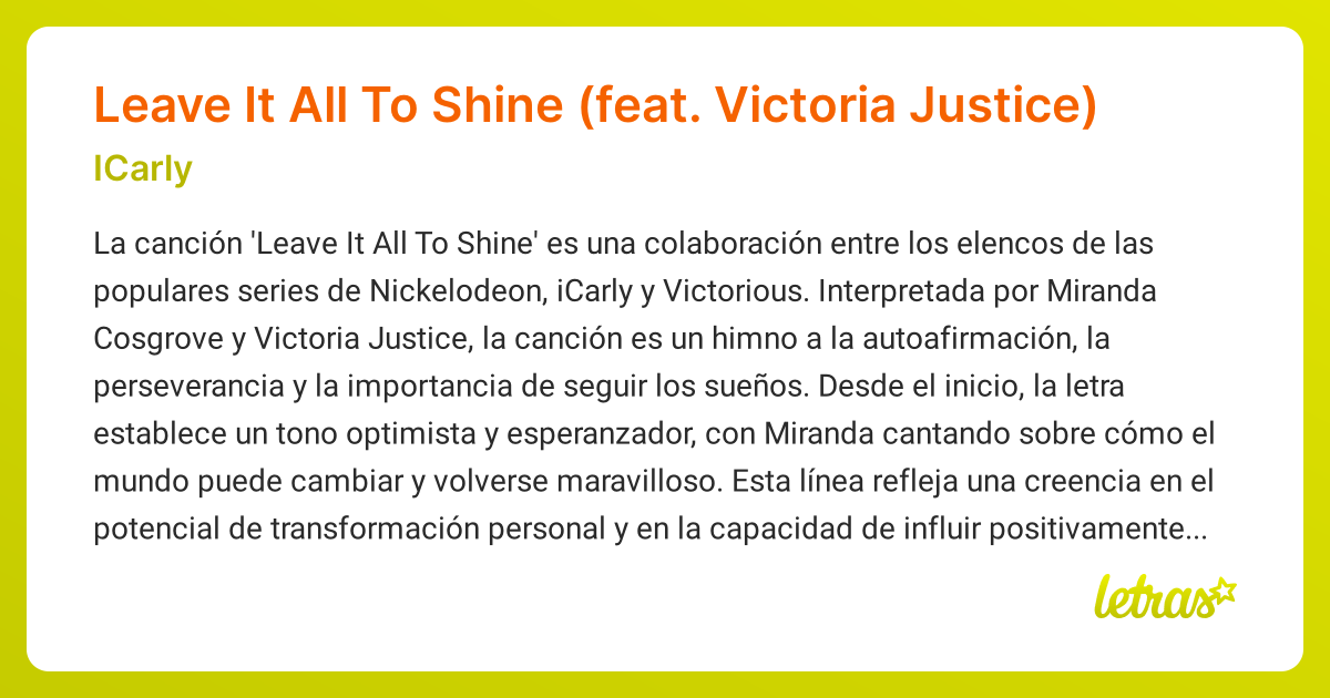 Significado de la canción Leave It All To Shine (feat. Victoria Justice ...