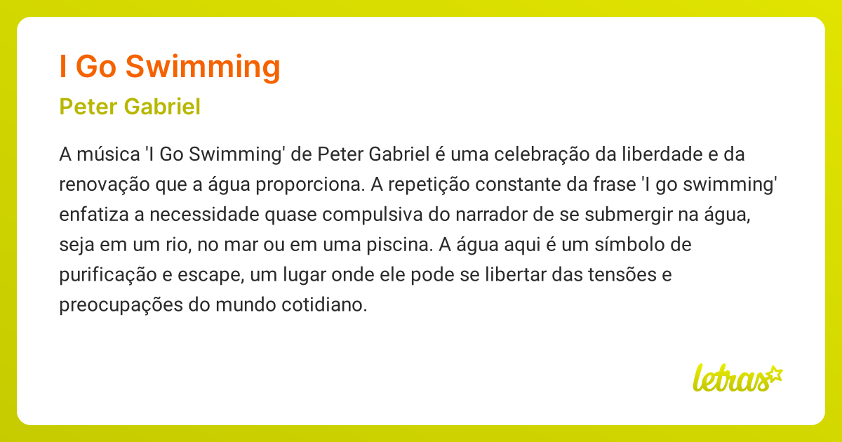 Significado da música I GO SWIMMING (Peter Gabriel) - LETRAS.MUS.BR