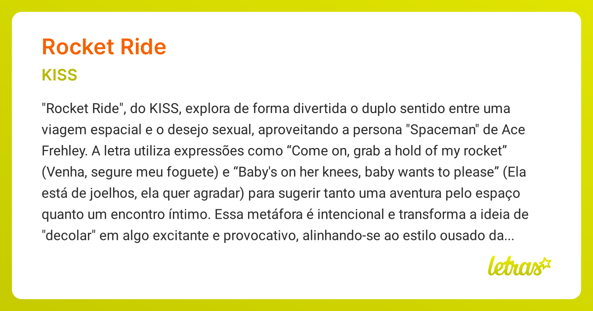Significado da música ROCKET RIDE (KISS) - LETRAS.MUS.BR
