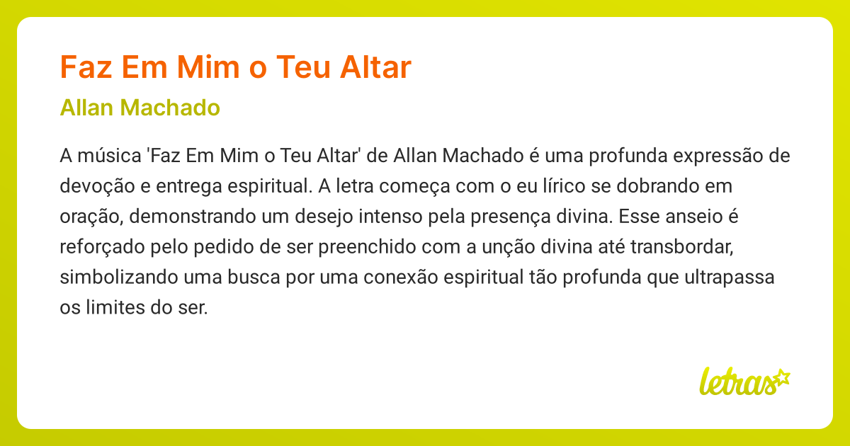 Significado da música FAZ EM MIM O TEU ALTAR (Allan Machado) - LETRAS ...