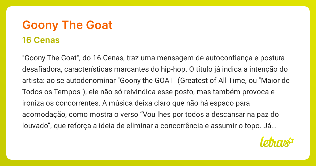 Significado da música GOONY THE GOAT (16 Cenas) - LETRAS.MUS.BR