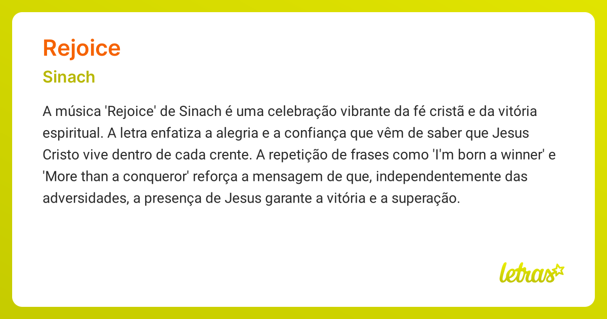Significado da música REJOICE (Sinach) - LETRAS.MUS.BR