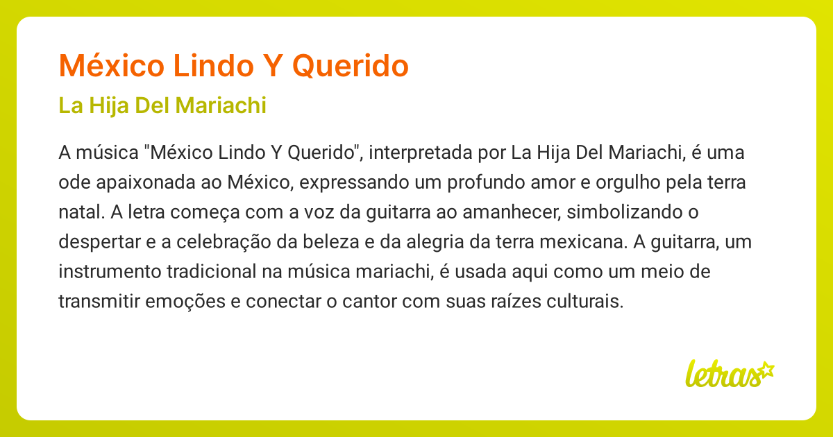 Significado da música MÉXICO LINDO Y QUERIDO (La Hija Del Mariachi ...