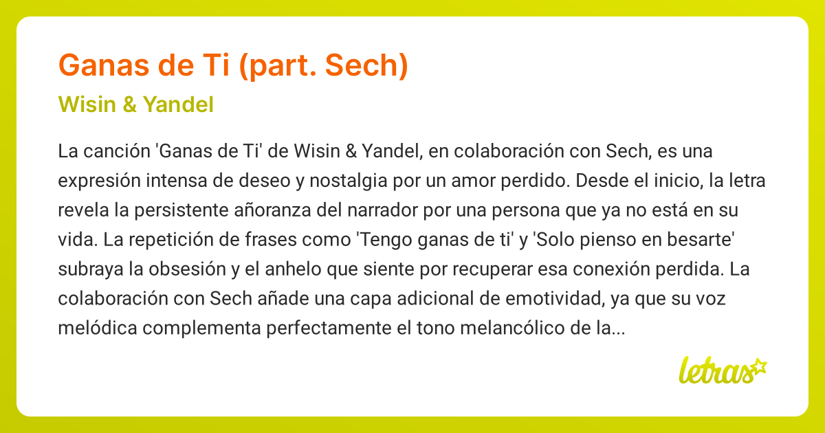 Significado de la canción GANAS DE TI (PART. SECH) (Wisin & Yandel ...