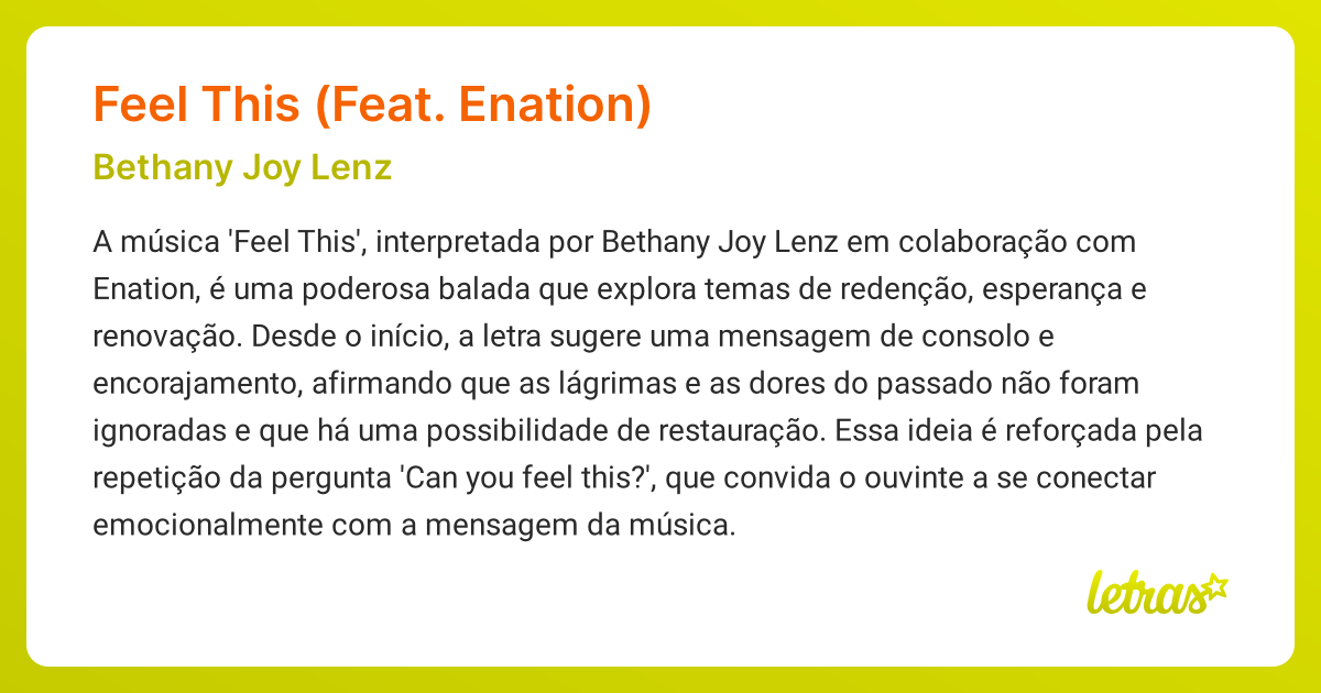Significado da música FEEL THIS (FEAT. ENATION) (Bethany Joy Lenz ...