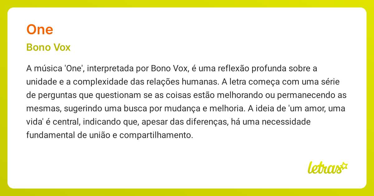 Significado da música ONE (Bono Vox) - LETRAS.MUS.BR