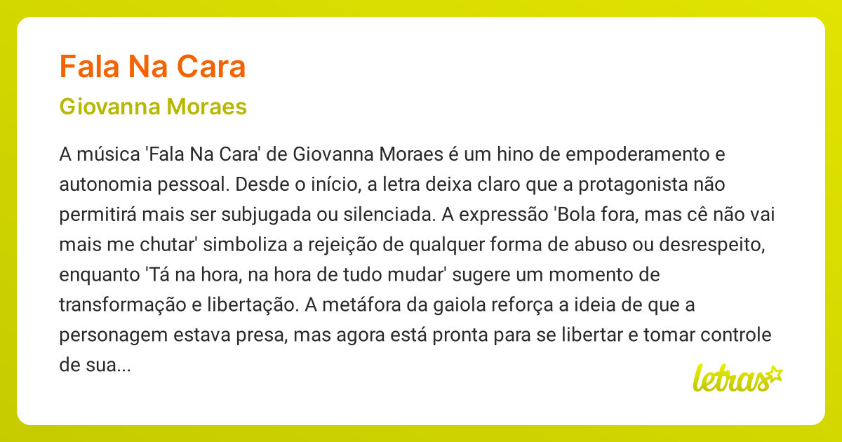 Significado da música FALA NA CARA (Giovanna Moraes) - LETRAS.MUS.BR