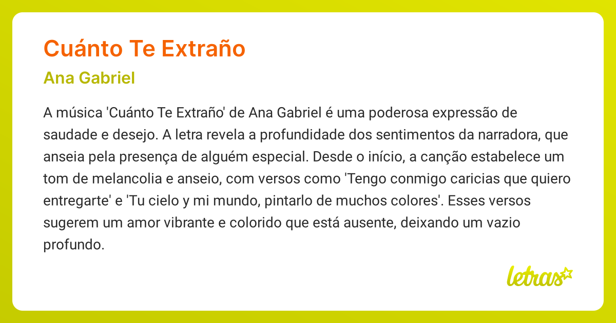 Significado da música CUÁNTO TE EXTRAÑO (Ana Gabriel) - LETRAS.MUS.BR