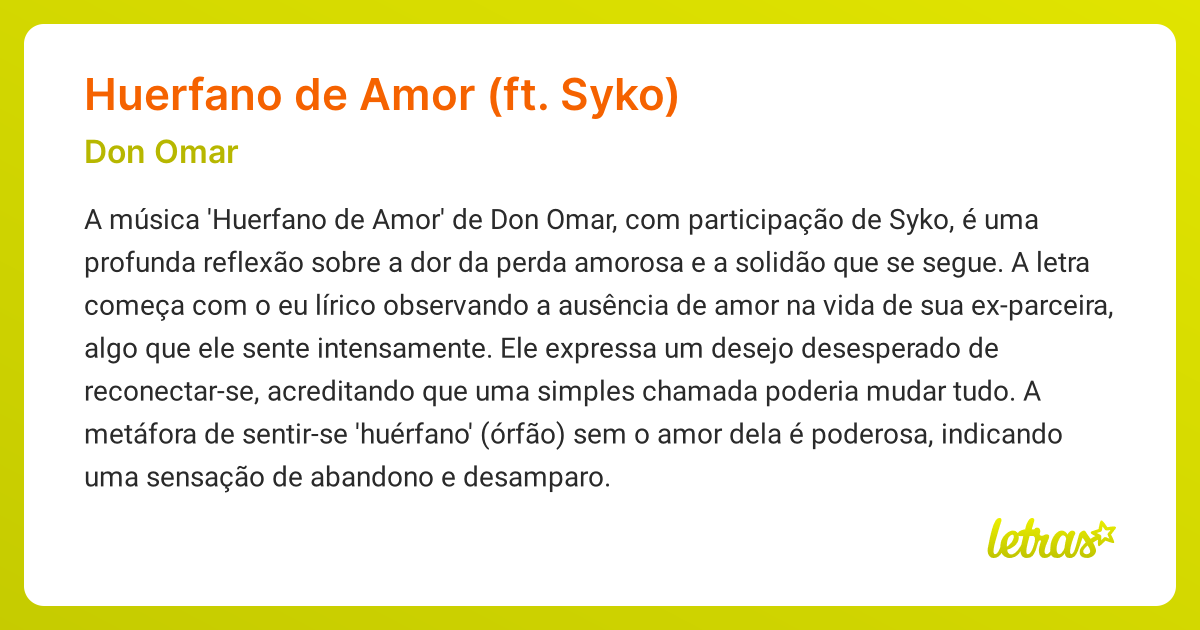 Significado da música HUERFANO DE AMOR (FT. SYKO) (Don Omar) - LETRAS ...