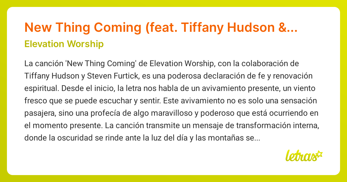 Significado de la canción New Thing Coming (feat. Tiffany Hudson & Steven Furtick) (Elevation ...