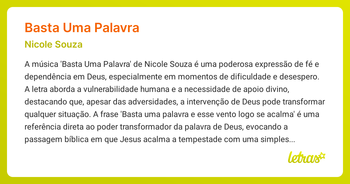 Significado da música BASTA UMA PALAVRA (Nicole Souza) - LETRAS.MUS.BR