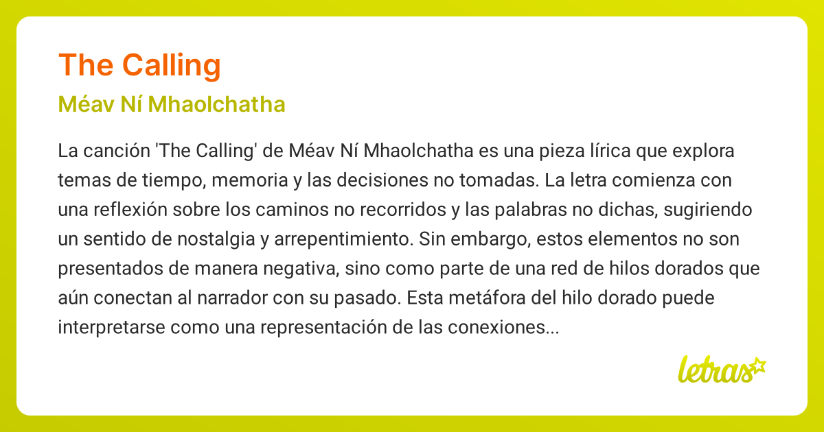 Significado de la canción THE CALLING (Méav Ní Mhaolchatha) - LETRAS.COM
