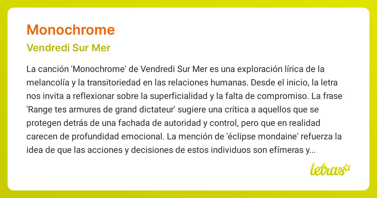 Significado de la canción MONOCHROME (Vendredi Sur Mer) - LETRAS.COM